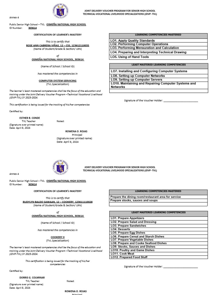 Annex 4 JDVP Certificate of Learners Mastery 01212020 | PDF | Cooking ...