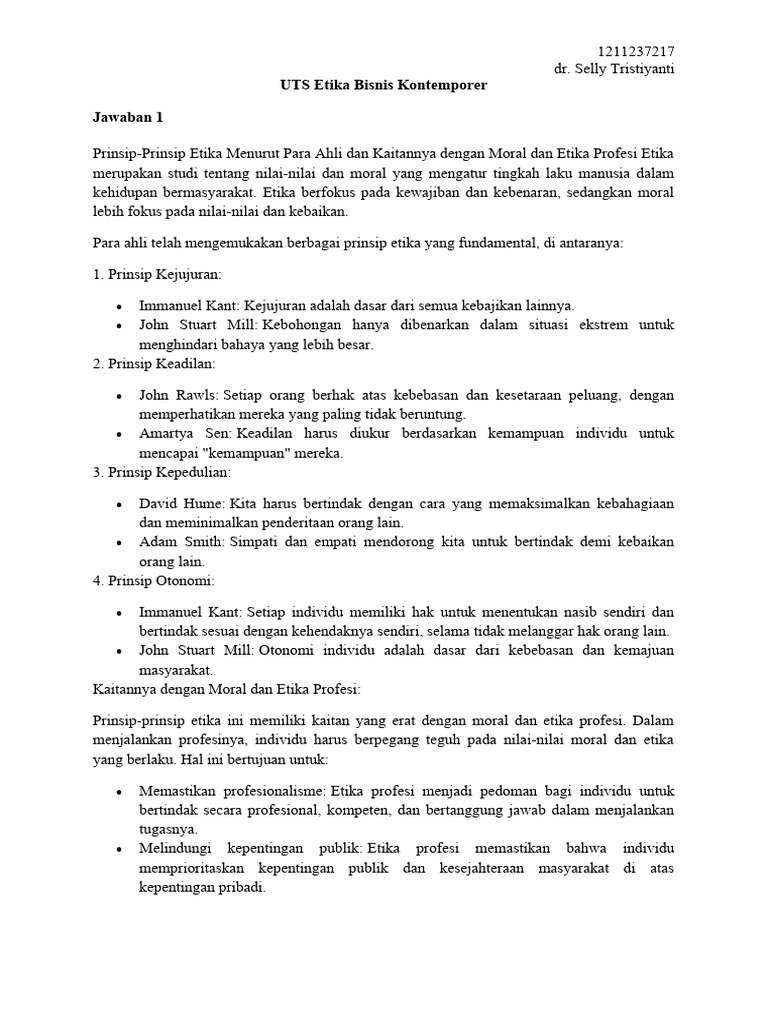 Dr. Selly Tristiyanti - UTS Etika Bisnis Kontemporer | PDF | Karier & Perkembangan