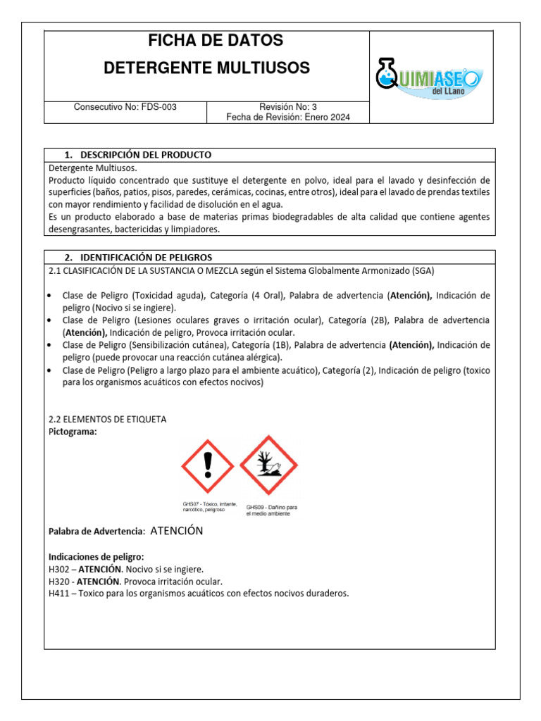 Detergente Multiusos: Ficha Técnica y Seguridad | PDF | Agua | Detergente