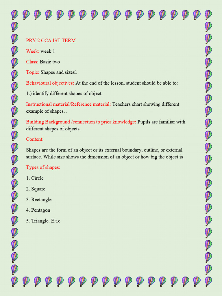 Shapes and Sizes for Primary 2 CCA | PDF | Shape