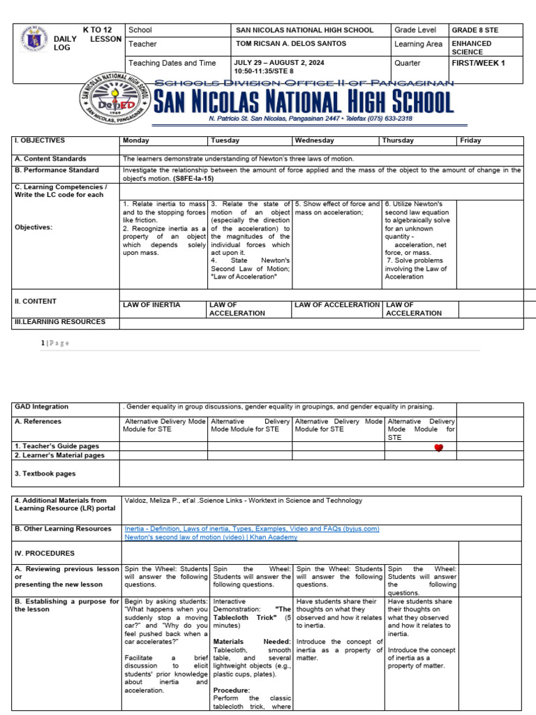 DLL Enhanced Science 8 - Week 1 July 29-August 2, 2024 | PDF | Force ...