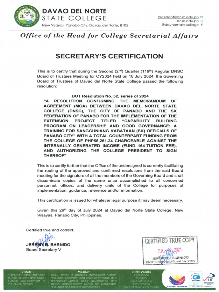Secretarys-Certification_MOA-with-SK-Panabo | PDF