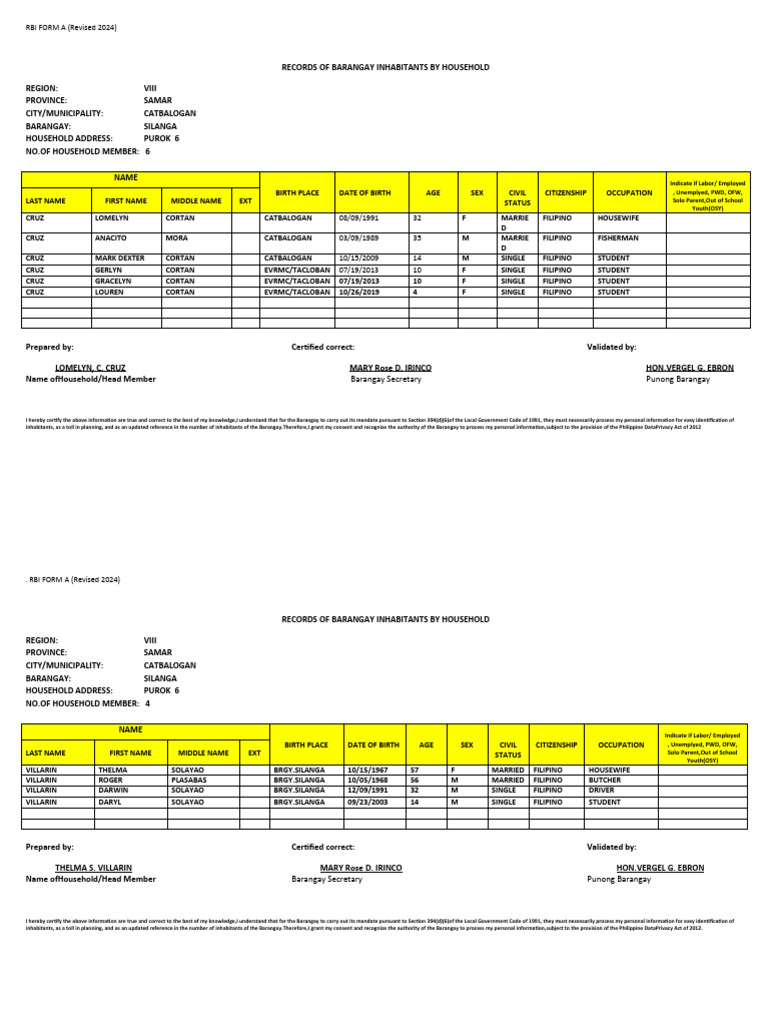 RBI FORM A (Revised 2024) : Indicate If Labor/ Employed, Unemplyed, PWD ...