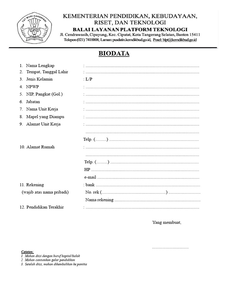 Formulir Biodata Narasumber DTK Dan Pejabat Daerah | PDF