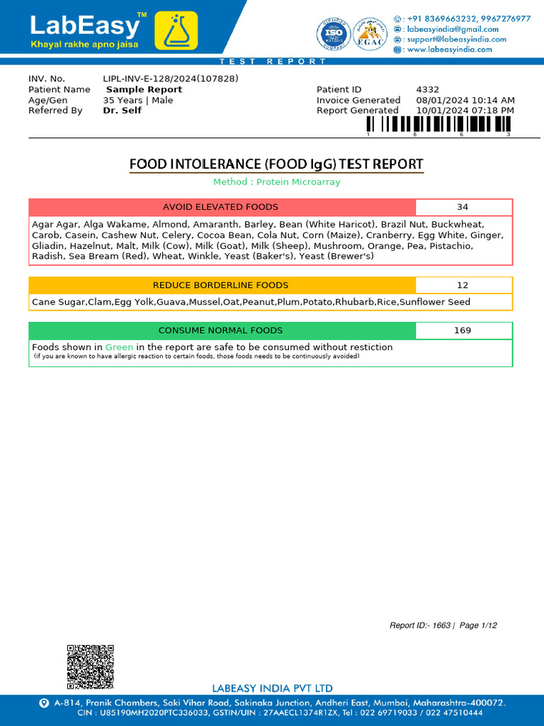 Sample Report of Food Intolerance | PDF | Foods