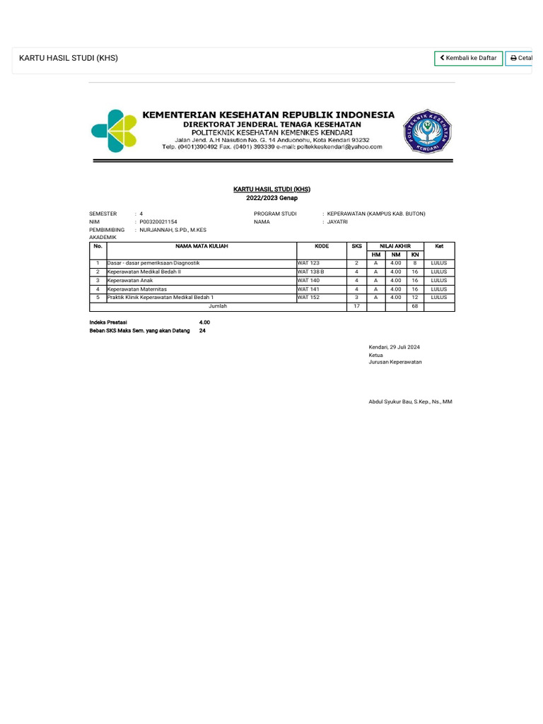 Kartu Hasil Studi 4 (KHS) | PDF
