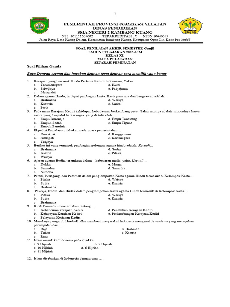 Soal UAS Sejarah Kelas XI 2023-2024 | PDF | Perjalanan