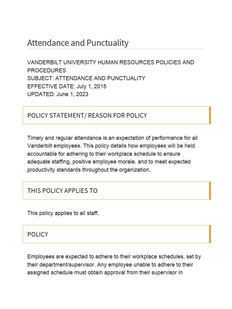 Vanderbilt Attendance and Punctuality Policy | PDF | Employment | Policy