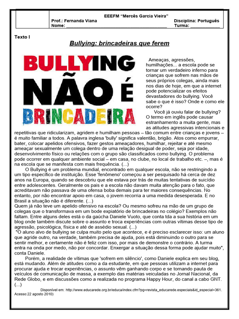 Atividade para Trabalhar BULLYING | PDF | Assédio moral/bullying