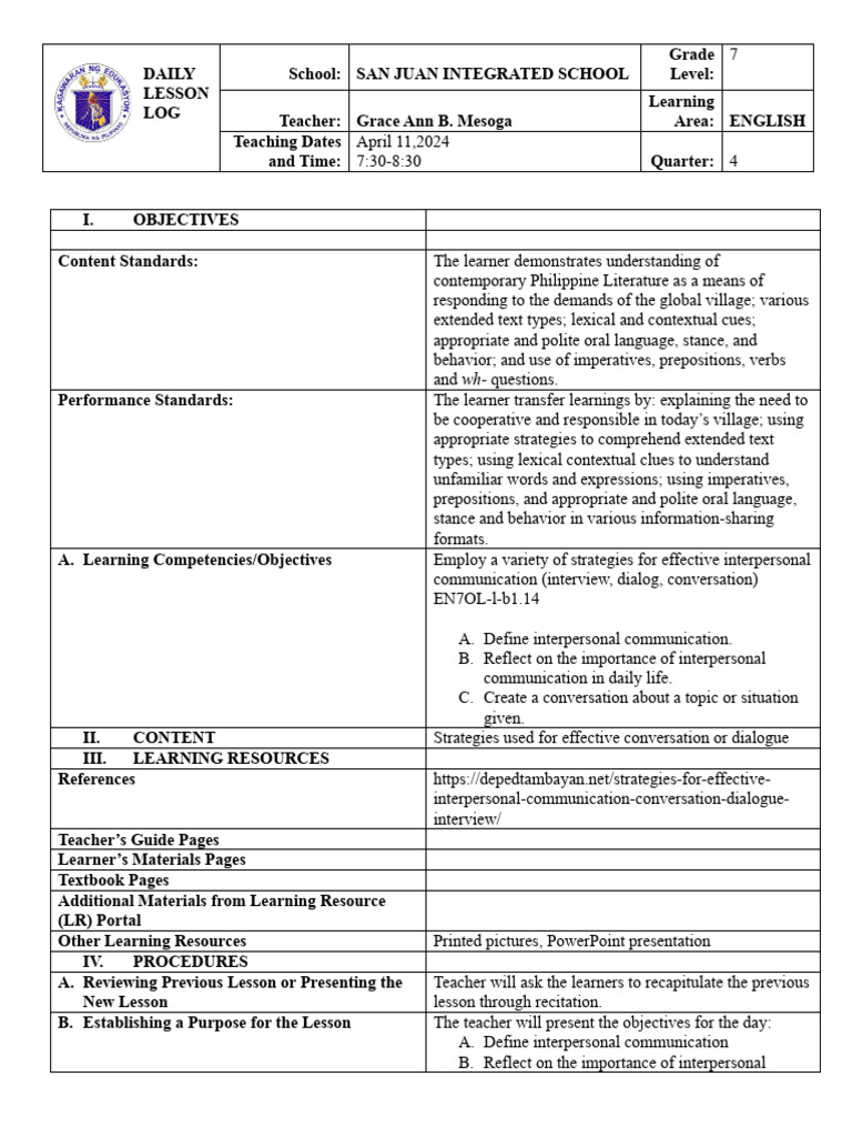 ENG-7-WEEK-4-LESSON-1 | PDF | Communication | Nonverbal Communication