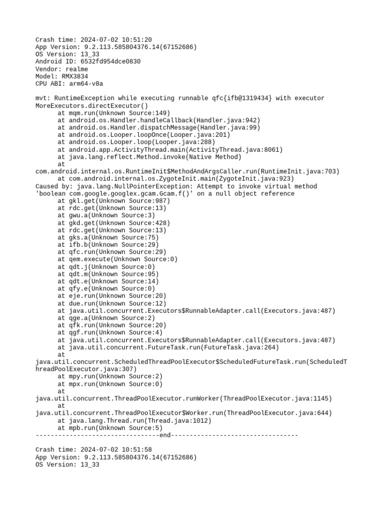 Realme RMX3834 App Crash Report | PDF | Java (Programming Language) | Android (Operating System)