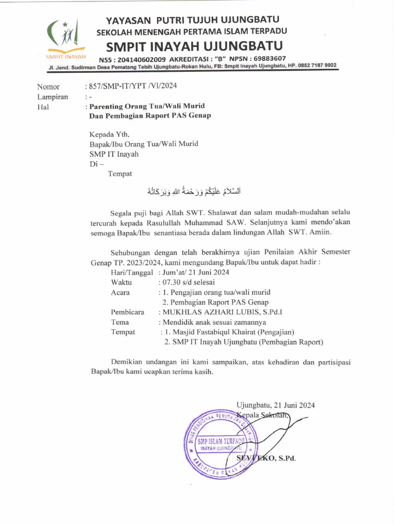 Surat Pemb Pengajian & Bagi Raport PAS Genap | PDF