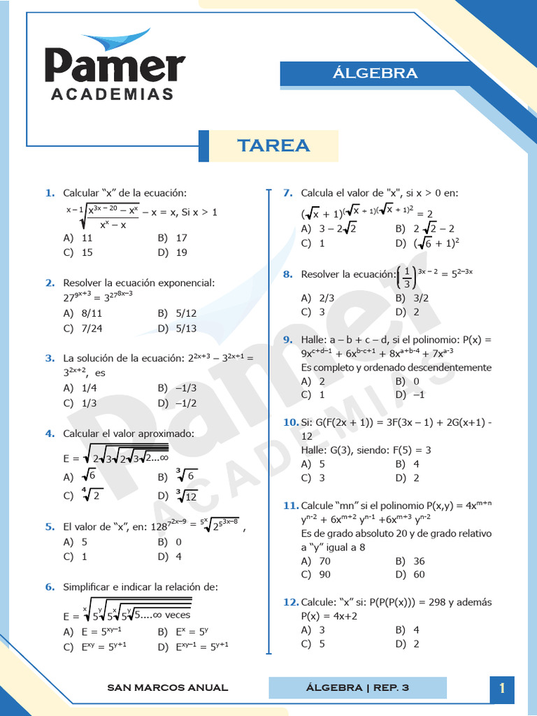 ALGEBRA - Tarea Sem R3 - Repaso 3 | PDF | Ecuaciones | Objetos matemáticos