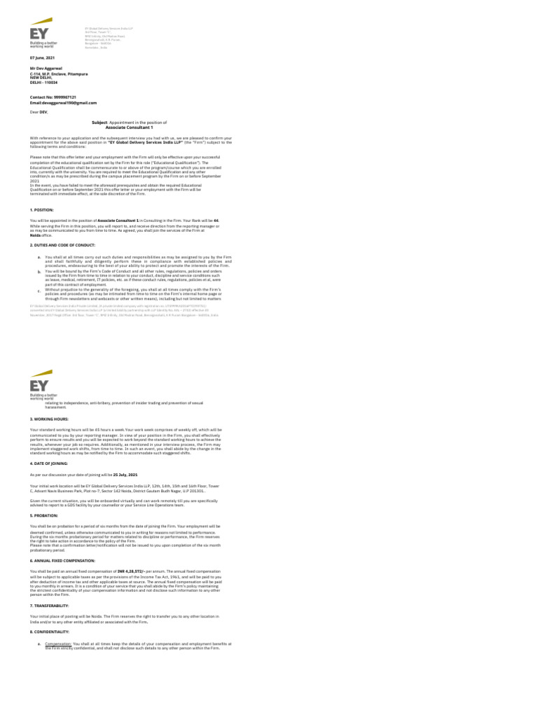 EY Offer Letter for Associate Consultant | PDF | Insurance | Payroll Tax