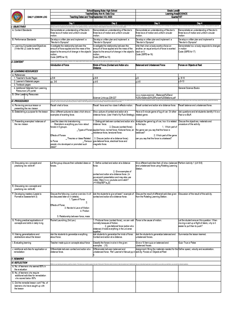 Daily lesson log Science 8 | PDF | Force | Learning