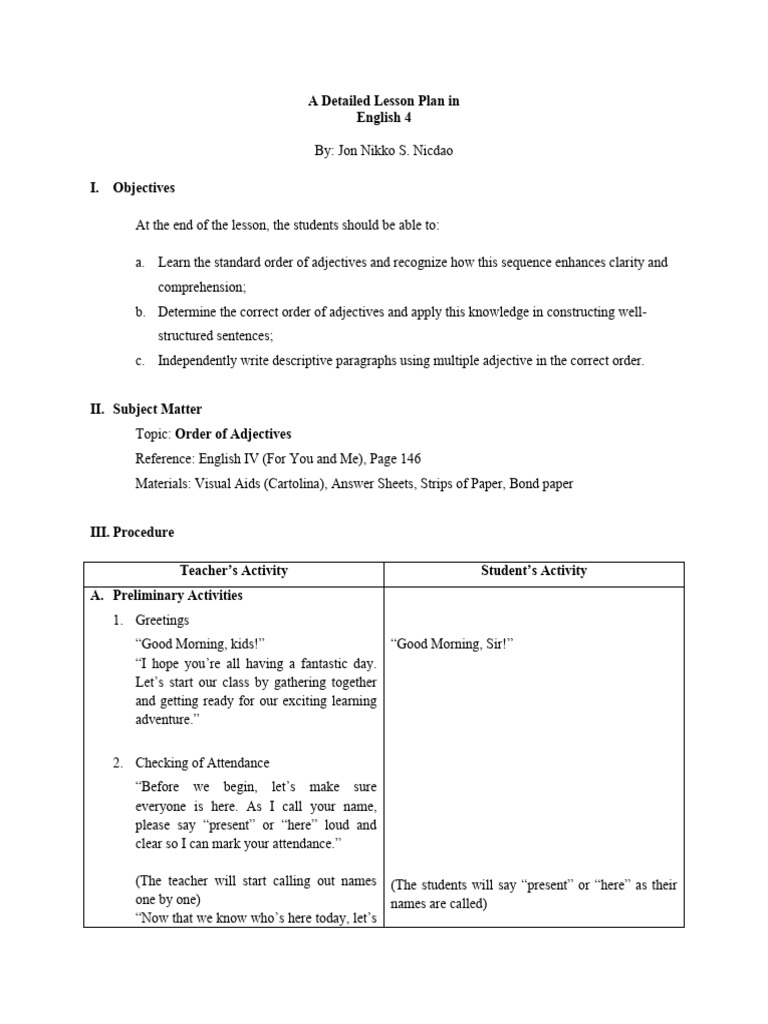 Lesson Plan (Order of Adjectives) | PDF | Adjective | Lesson Plan
