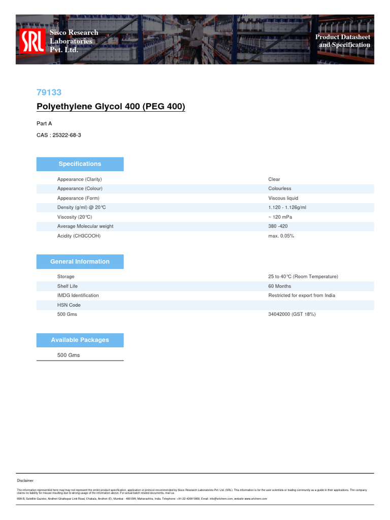 Polyethylene Glycol 400 (PEG 400) | PDF | Polyethylene Glycol | Chemical Substances