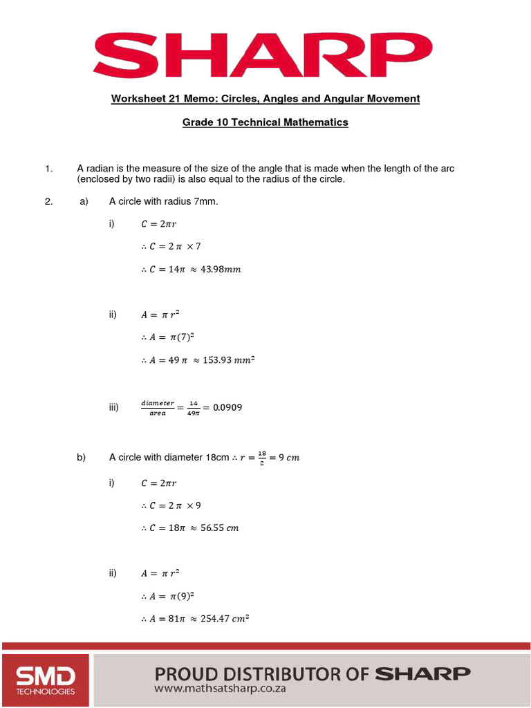 Worksheet 21 Memo Circles Angles and Angular Movement | PDF | Pi | Angle