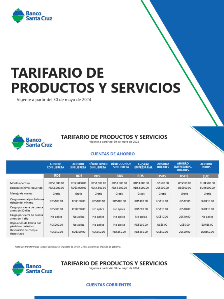 Tarifario de Productos y Servicios | PDF | Visa Inc. | Cheque