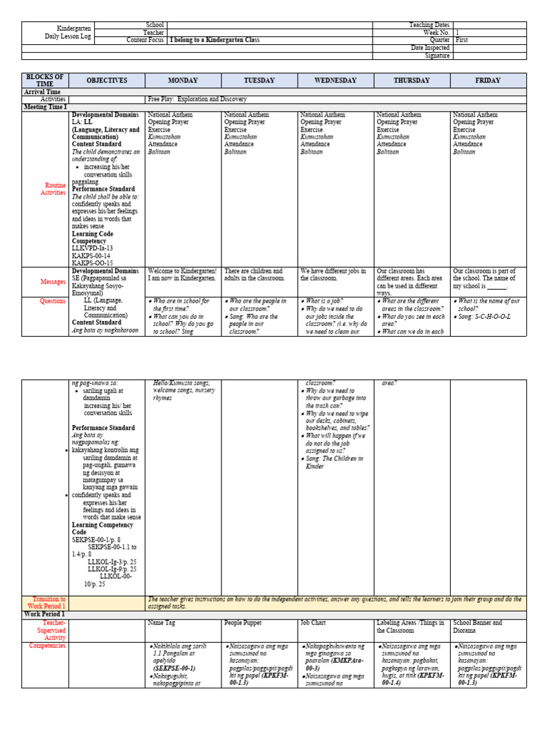 Kindergarten DLL Week 1 | PDF | Shape | Reading Comprehension