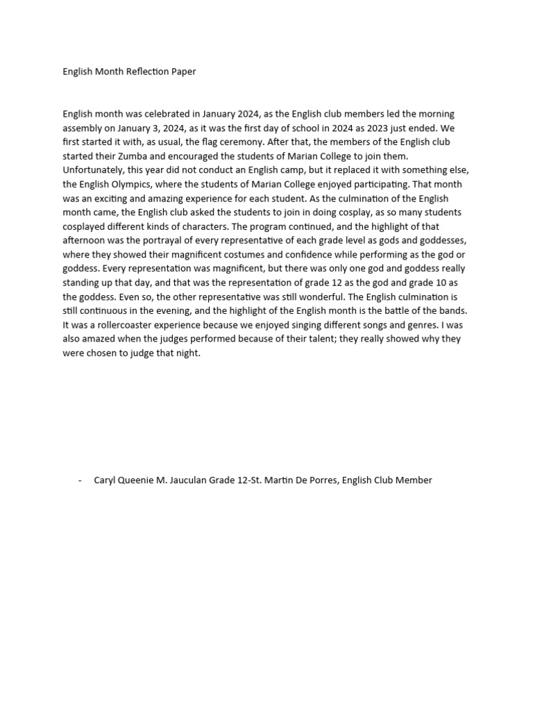 English Month Reflection Paper | PDF
