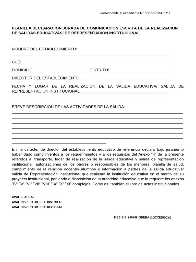 SALIDA EDUCATIVA DECLARACION JURADA para Completar y Anexo 10 | PDF