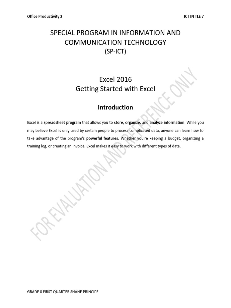 Grade 7 First Quarter Office Productivity 2 Spreadsheet 1 | PDF ...