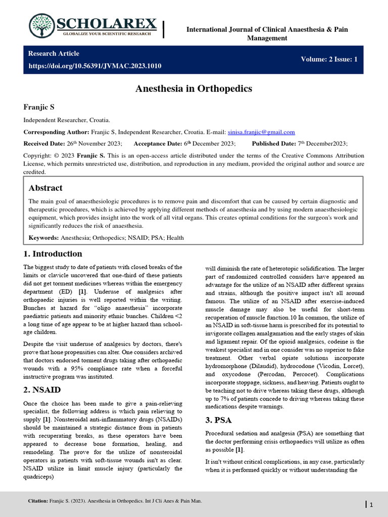 Anesthesia in Orthopedics | PDF | Anesthesia | Orthopedic Surgery
