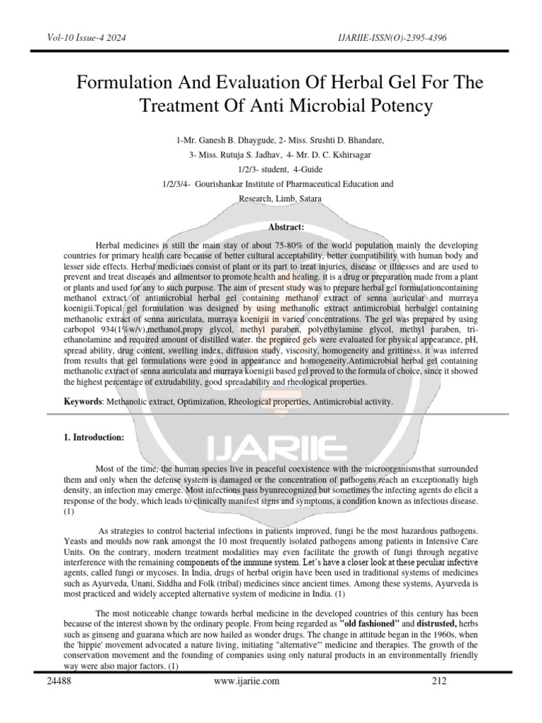 Formulation and Evaluation of Herbal Gel For The Treatment of Anti ...