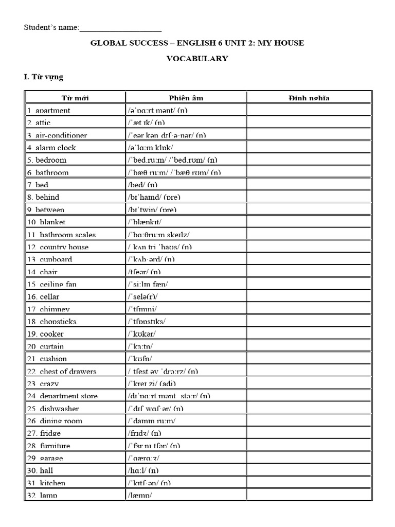 E6U2 MyHouse Vocabulary-GlobalSucess | PDF | Home | Interior Design