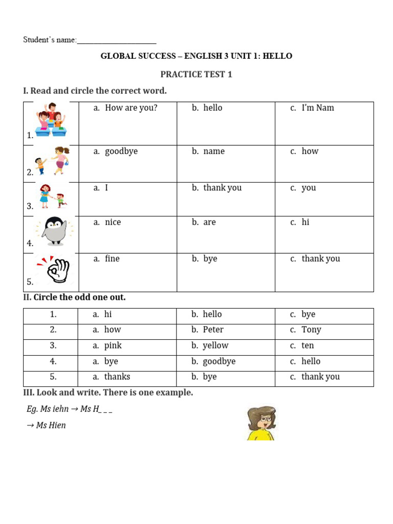 E3U1 Hello Practice 1 GlobalSuccess | PDF | Language Arts & Discipline ...