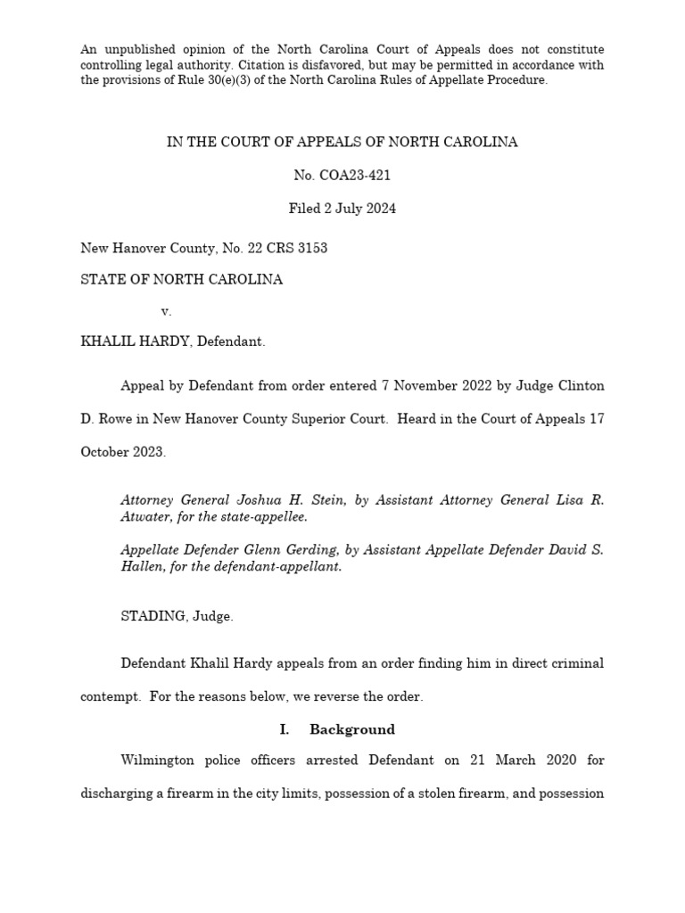 23-421-1 Reversing Judge Rowe in State of North Carolina vs. Hardy ...