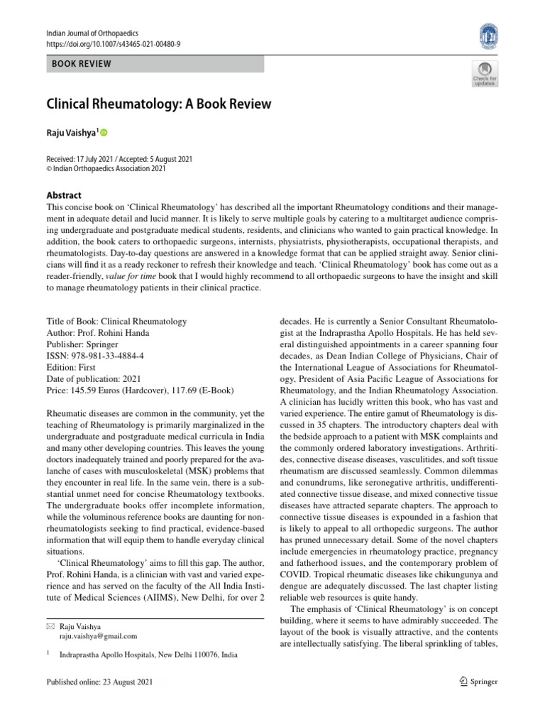 Clinical Rheumatology A Book Review | PDF | Rheumatology | Medicine
