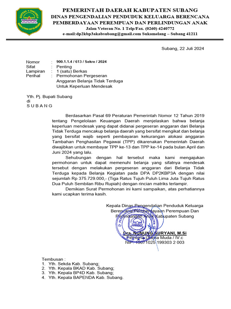 Format Surat Usulan Parsial (BTT) TPP | PDF