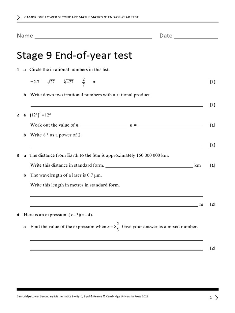 Cambridge Lower Secondary Math Test 9 | PDF | Mathematics
