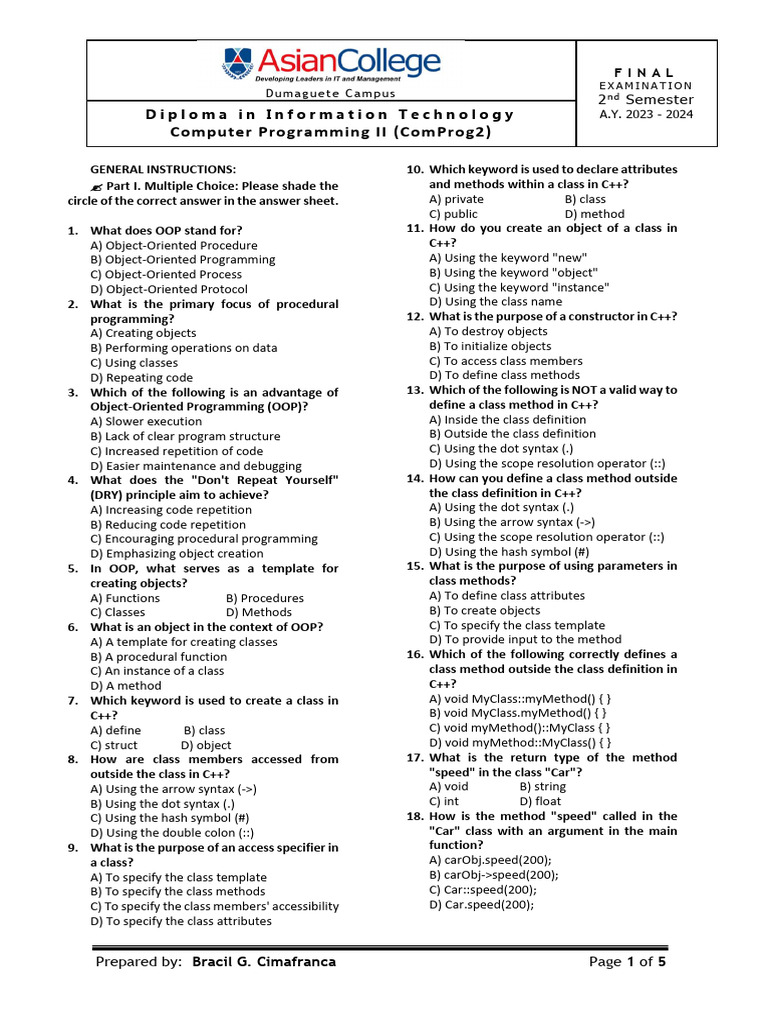 Cimafranca ComProg2 Finals | PDF | Class (Computer Programming) | Method (Computer Programming)