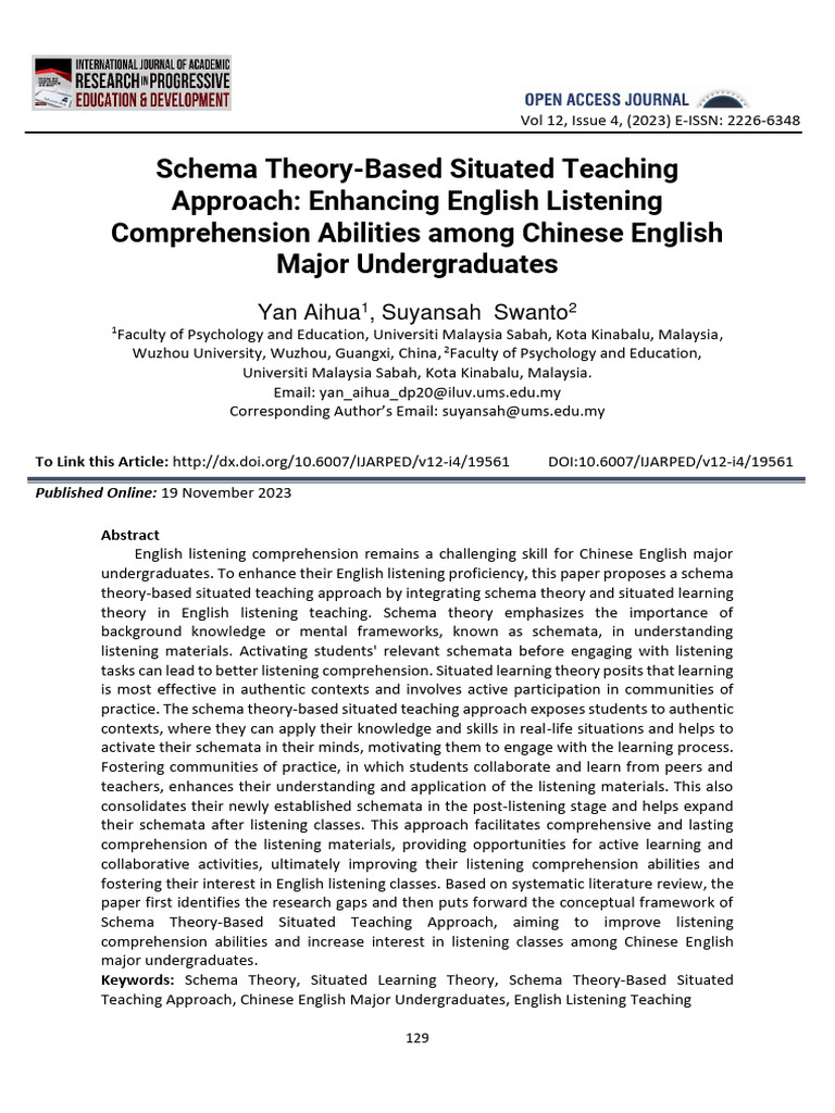 Schema Theory Based Situated Teaching Approach Enhancing English ...