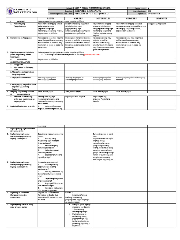 DLL Esp-5 Q3 W1 | PDF