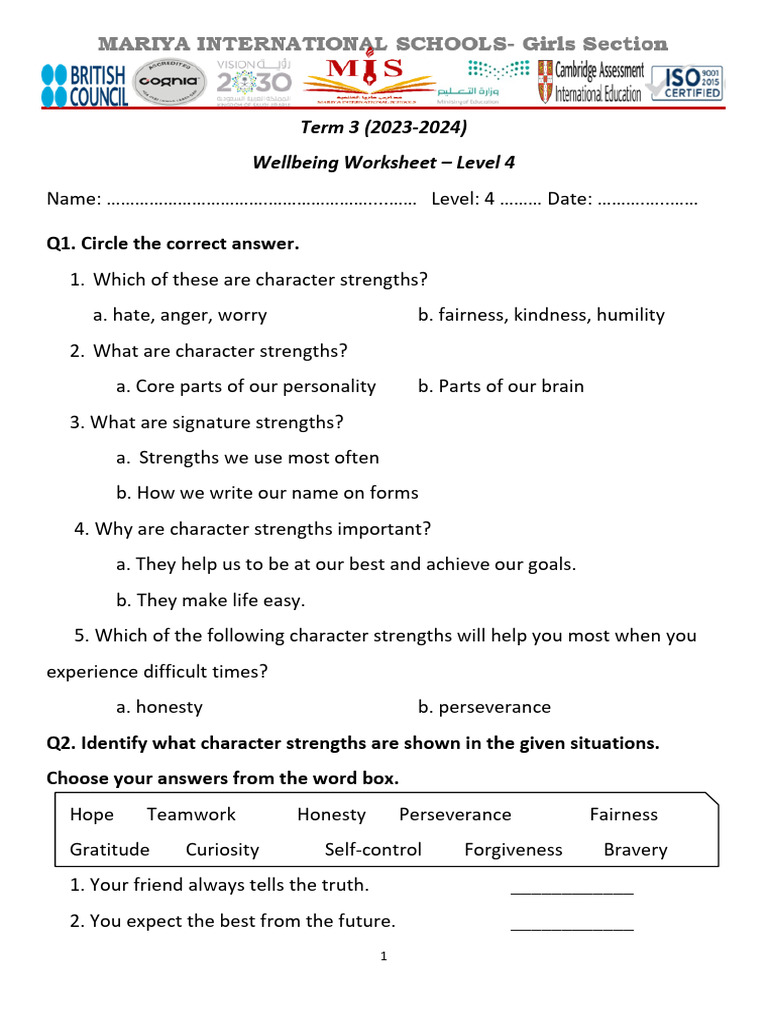 Wellbeing Worksheet - Term 3 - L4 | PDF