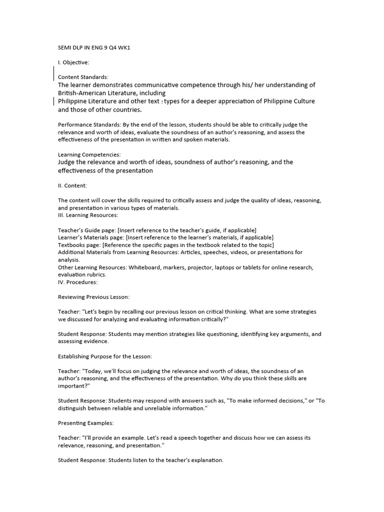 Semi DLP in Eng 9 Q4 WK1 | PDF | Reason | Argument