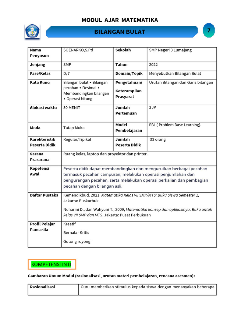 Memahami Bilangan Bulat untuk SMP | PDF