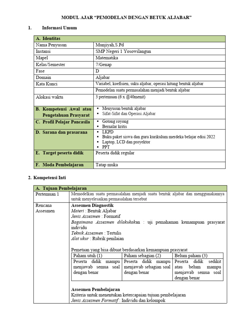 Modul Ajar Memodelkan Bentuk Aljabar | PDF | Karier & Perkembangan