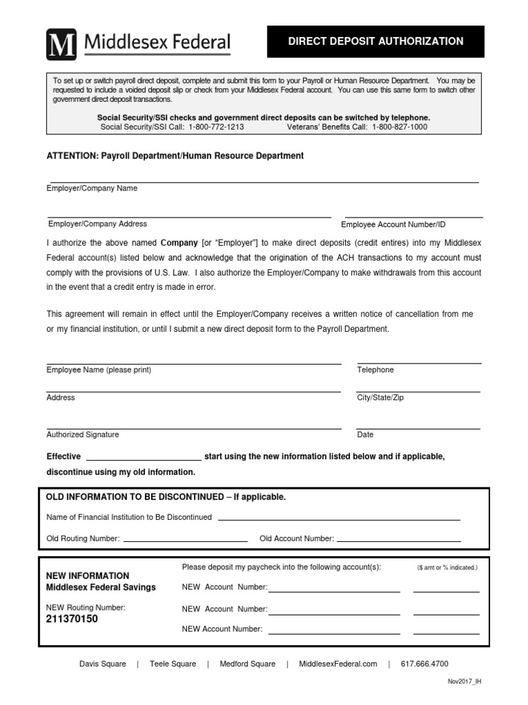 Middlesex Federal Savings DirectDepositAuthorization | PDF | Paycheck ...
