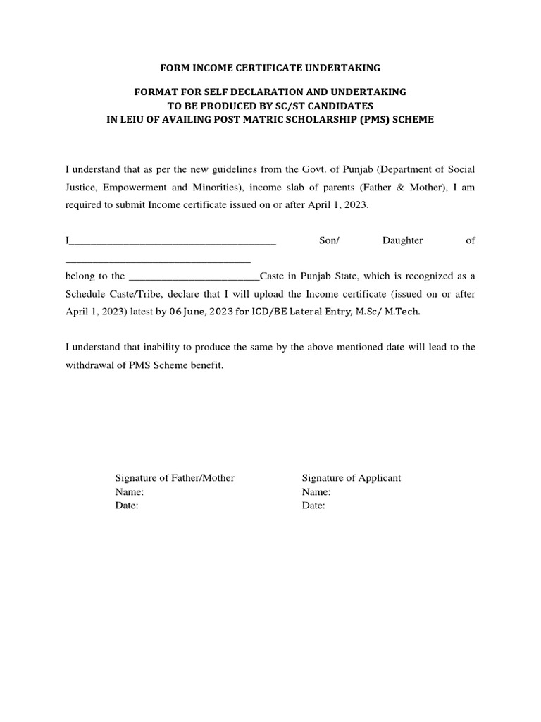 Undertaking For Lieu of in Come Certificate | PDF