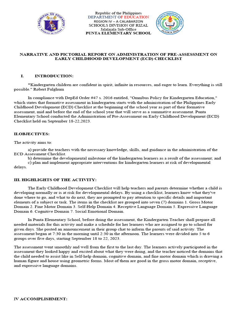 ECD Pre-Assessment Report for Kindergarten | PDF | Educational ...