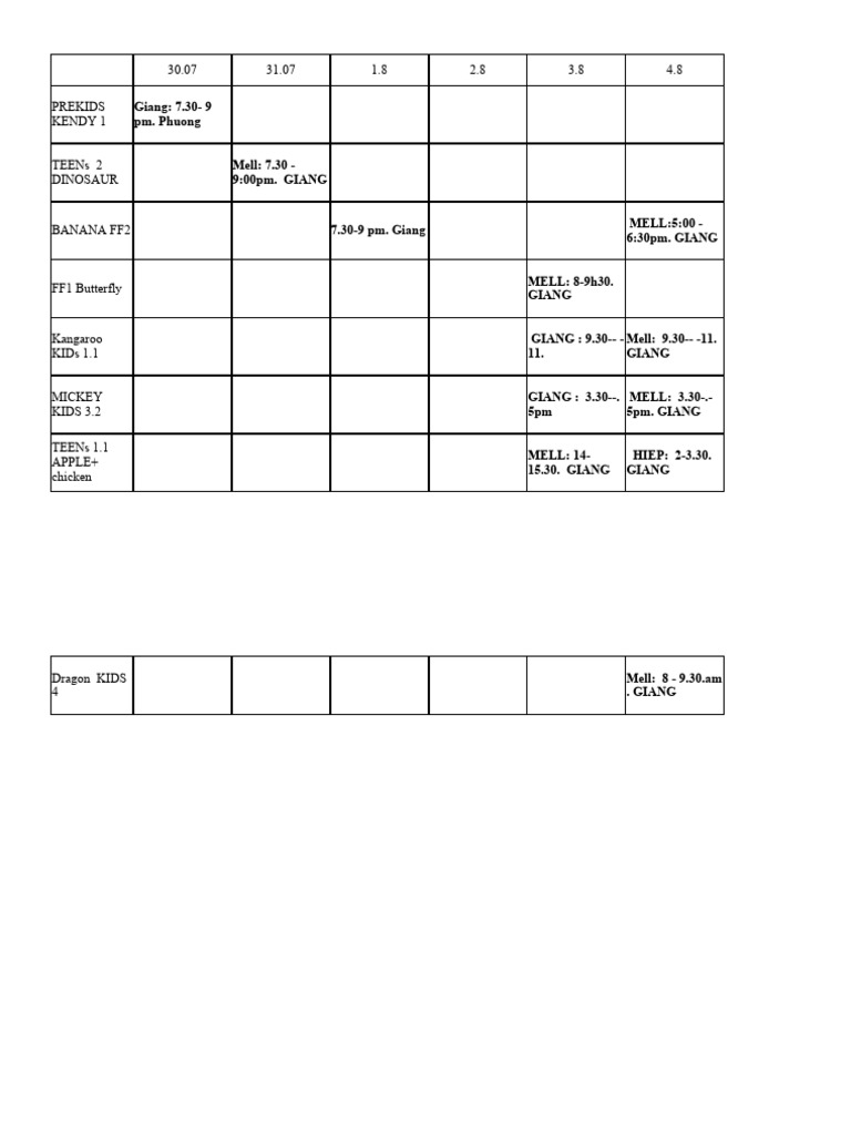Weekly Schedule for Kids' Classes | PDF