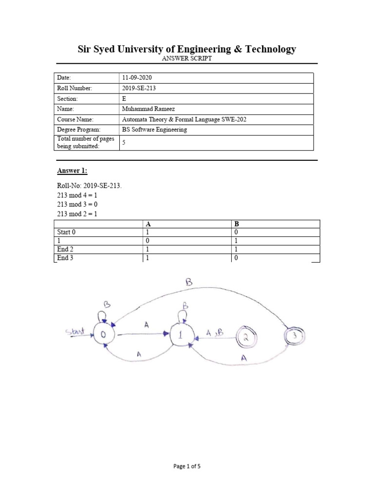 Muhammad Rameez 2019-SE-213 (ATFL AnswerScript) | PDF | Models Of Computation | Theory Of ...
