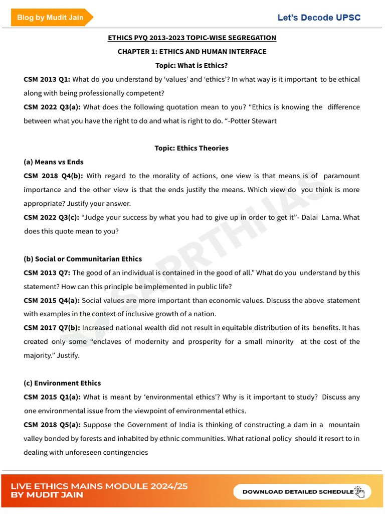 (Ch-1) Ethics 2013-2023 PYQ Topicwise Segregation (Final) | PDF | Social Psychology | Liberal ...