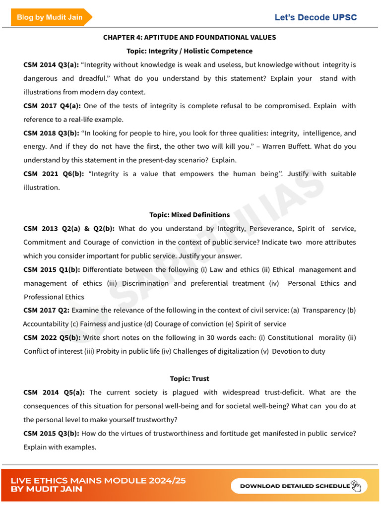 (Ch-4) Ethics 2013-2023 PYQ Topicwise Segregation (Final) | PDF | Courage | Integrity