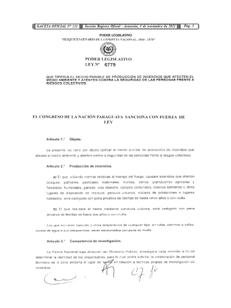 Ley 6779-21 - Que Tipifica El Hecho Punible de Incendios | PDF | Derecho
